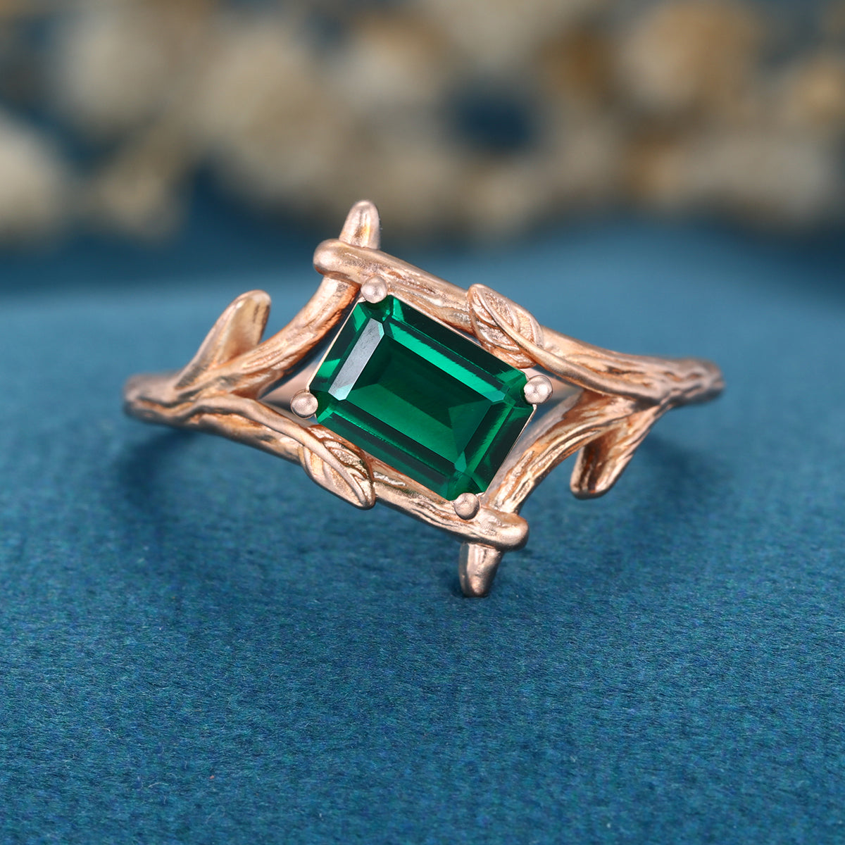 Nature Inspired Emerald cut Lab grown Emerald Solid Gold Engagement Ri ...