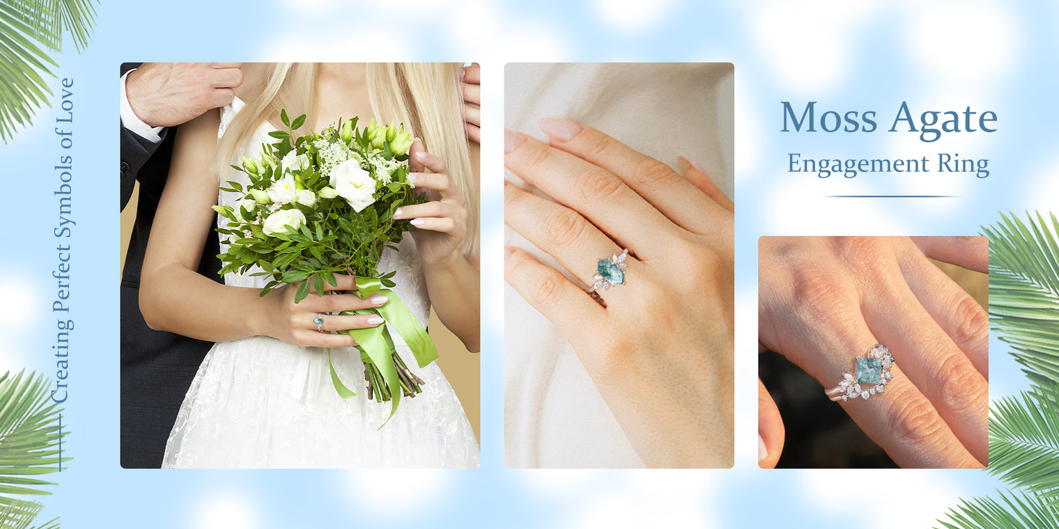 Moss Agate Natural Green Pear cut Cluster Engagement Ring for Women ...